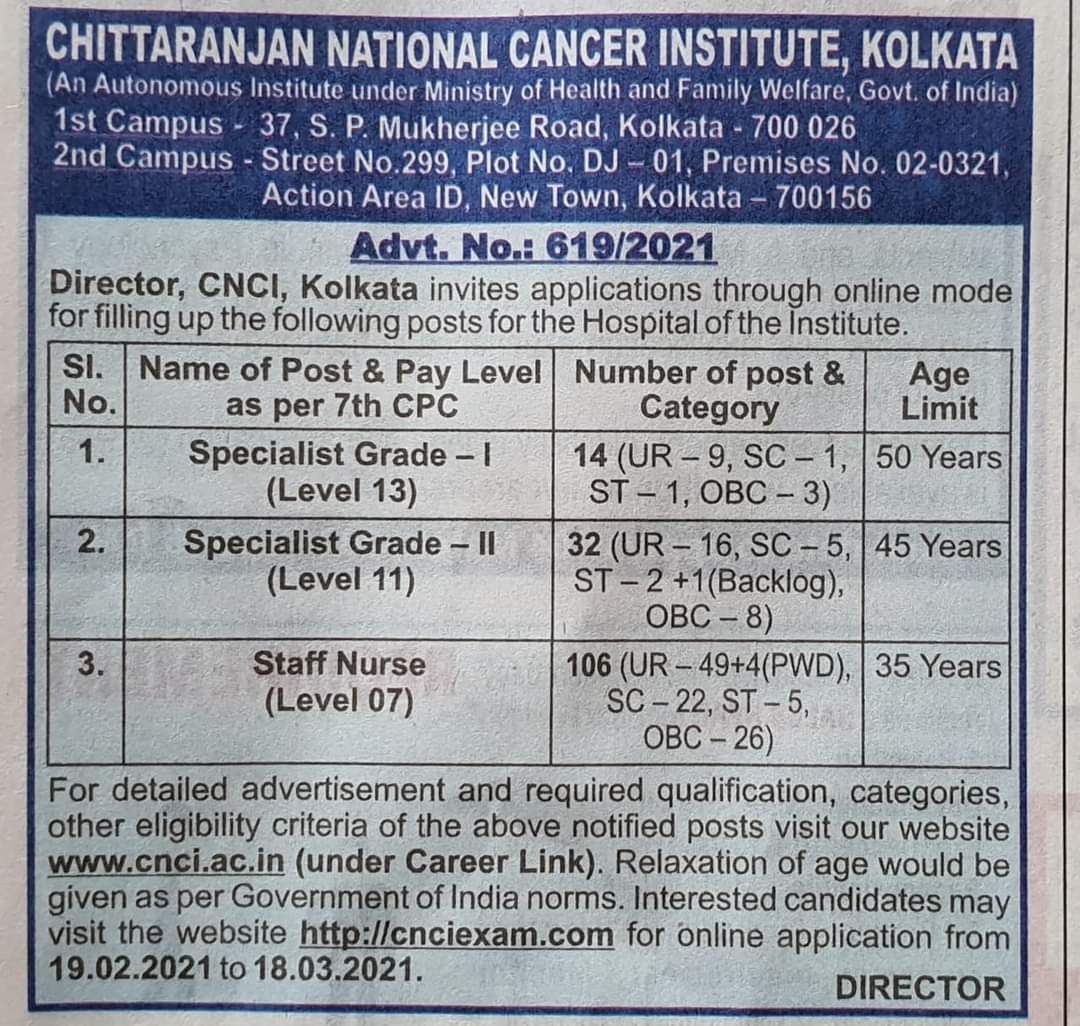 Staff Nurse Vacancy at Chittaranjan National Cancer Institute (CNCI)